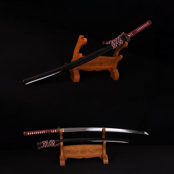 Folded Clay-Tempered 1060 Steel Black & Carmine Katana Sword